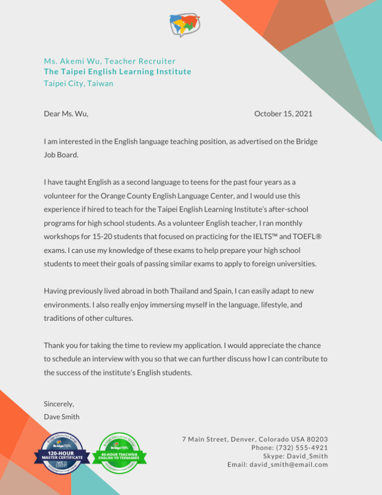 How to Write a TEFL Cover Letter (With Sample) – BridgeUniverse – TEFL ...