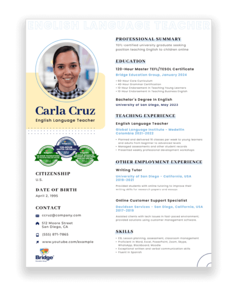 Sample English Teacher Resume - BridgeUniverse - TEFL Blog, News, Tips ...